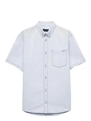 Prada Brand-embroidered Chest-pocket Cotton-chambray Shirt - Light Blue