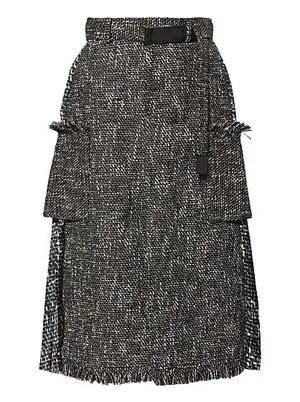 Sacai Pleated Graphic-pattern Tweed Midi Skirt - Black