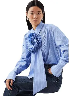 Karen Millen Striped Cotton Tie-neck Rosette Shirt - Blue