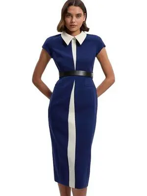 Karen Millen Contrast Collar Tailored Midi Dress - Navy