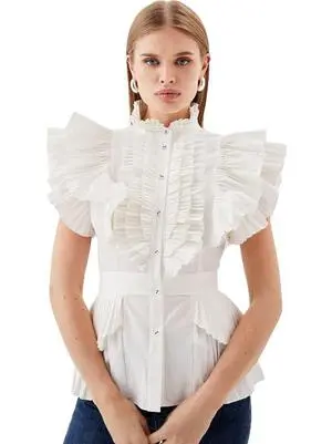 Karen Millen Sleeveless Pleated Ruffle Blouse - White