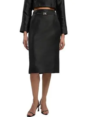 Karen Millen Satin Twill Belted Tailored Midi Skirt - Black