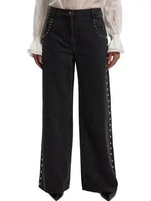Karen Millen Denim Studded Wide Leg Jeans - Black