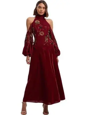 Karen Millen Velvet Embroidered High Neck Maxi Dress - Rust