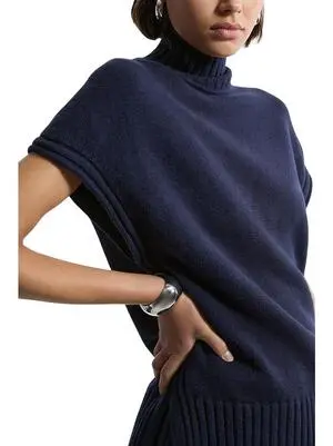 Karen Millen High Neck Knitted Tunic Top With Short Sleeves - Navy