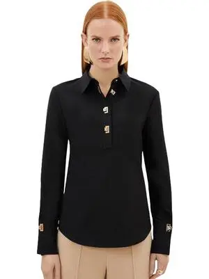 Karen Millen Techno Cotton Shirt With Gold Clasp Detail - Black