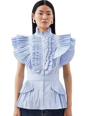 Karen Millen Karen Millen Striped Pleated Ruffle High Neck Blouse Stripe