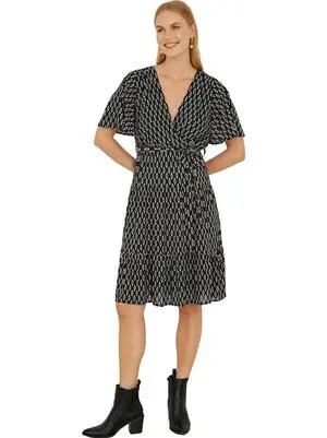YUMI Short Sleeve Tie Waist Midi Skater Dress - Black