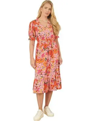 YUMI Printed V-neck Midi Dress - Pink