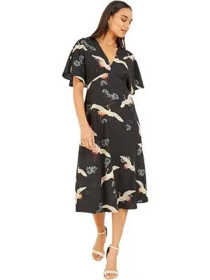 YUMI Printed V-neck Midi Dress - Black