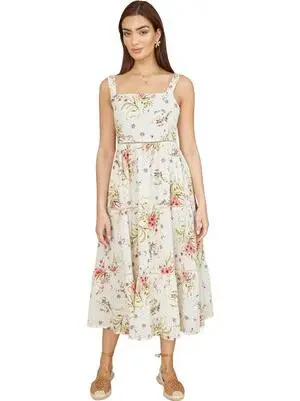 YUMI Floral Broderie Anglaise Cotton Midi Sun Dress - Ivory