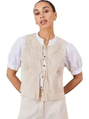 YUMI Embroidered Tie Front Waistcoat - Beige