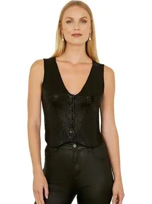 YUMI Sleeveless V-neck Sequin Waistcoat Top - Black
