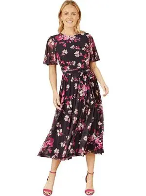 YUMI Mesh Skater Floral Midi Dress - Black