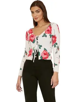 YUMI Long Sleeve V-Neck Tie Front Cardigan White