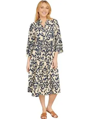 YUMI 3/4 Sleeve Block Print Kaftan Dress - Ivory