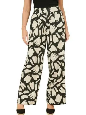 YUMI High Waisted Printed Wide Leg Trousers - Black
