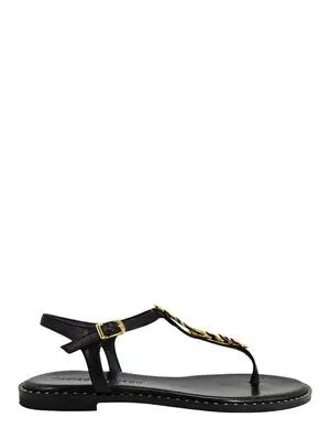 MADISON MAISON Leather Leaf Flat Thong Sandal - Black