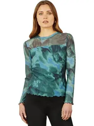 YUMI Long Sleeve Floral Mesh Top - Green