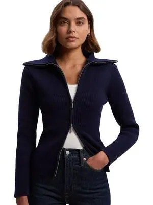Karen Millen Cotton Zip Through Knit Cardigan - Navy