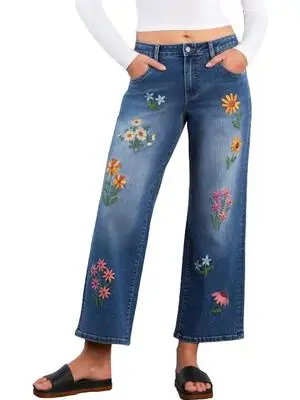 BILLY T Meadow Kiss Floral Embroidered Straight Leg Jeans