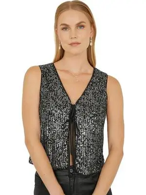 YUMI Sequin Tie Front Waistcoat Top - Black