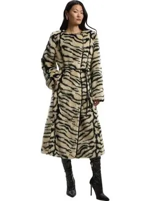 Karen Millen Faux Fur Animal Print Belted Midi Coat - Mono