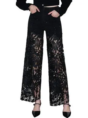BAYEAS Wide Leg Lace Jeans With Rhinestone Embellishments - Black