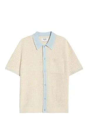 WAX LONDON Belle Tipped Pointelle Stitch Short Sleeve Button-up Shirt - Ecru/pale Blue