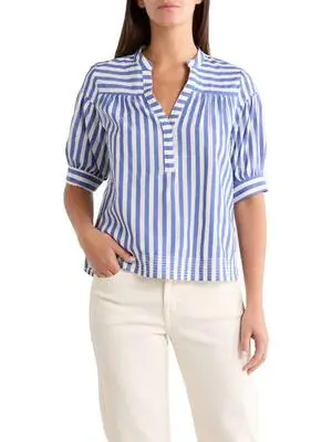 SUGARLIPS Striped Split-neck Cotton Top - Blue-stripe
