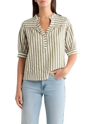 SUGARLIPS Striped Split-neck Cotton Top - Green White