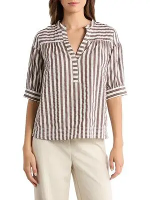 SUGARLIPS Striped Split-neck Cotton Top - Tan-white