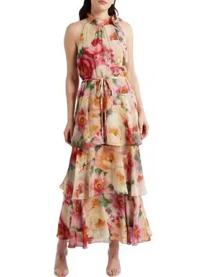 Julia Jordan Mock Neck Tiered Maxi Dress - Orange Multi