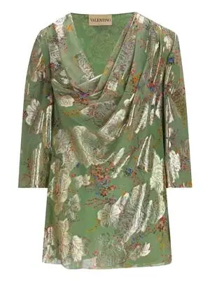 Valentino Garavani Floral-brocade Draped Tunic Top - Green