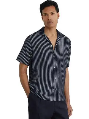 REISS Griff Textured Stripe Cuban-collar Shirt - Navy/white