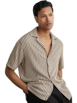 REISS Griff Textured Stripe Cuban-collar Shirt - Stone/grey