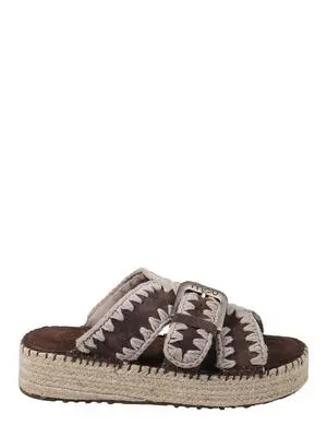 Mou Suede Jute Wedge Sandals With Contrast Stitching - Brown
