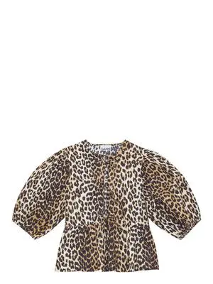 GANNI Leopard Print Cotton Poplin Blouse Mixed