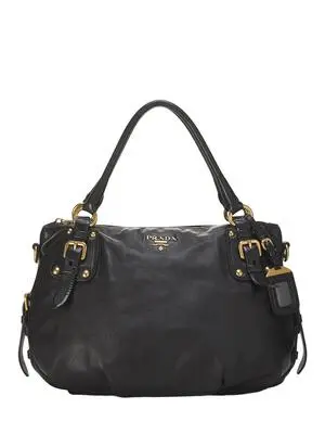 Prada Calfskin Leather Buckle Handbag - Black