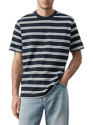 Mango Regular Fit Stripe Cotton Blend T-shirt - Navy