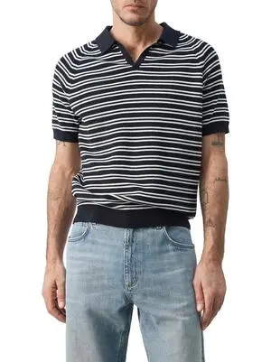 Mango Stripe Knit Polo - Navy