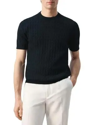 Mango Cable Stitch Short Sleeve Cotton Sweater - Night Blue