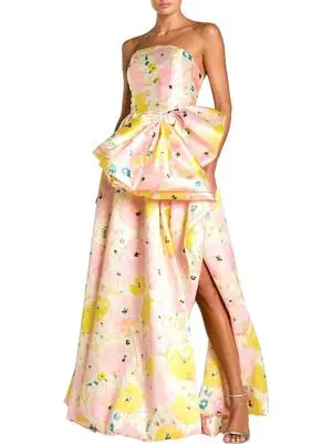 Mac Duggal Mikado Strapless Bubble Hem Ballgown With Bow - Pink Multi