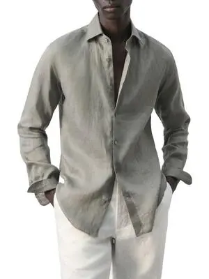 Mango Slim Fit Linen Button-up Shirt - Medium Brown