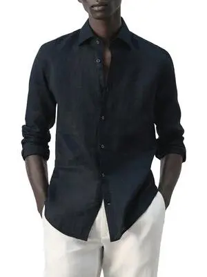 Mango Slim Fit Linen Button-up Shirt - Navy