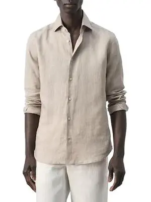 Mango Slim Fit Linen Button-up Shirt - Sand