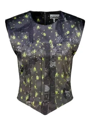GANNI Floral-print Panelled Top - Grey