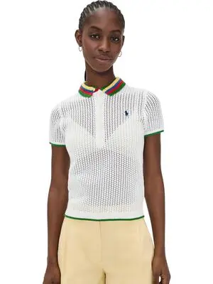 Polo Ralph Lauren Pointelle Knit Polo Shirt With Striped Collar - White Multi