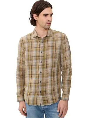 Billy Reid Dobby Plaid Linen Cedar Button Down Shirt - Olive Multi