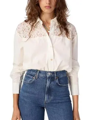 Cami Nyc Silas Lace Yoke Cotton Poplin Shirt - Macadamia
